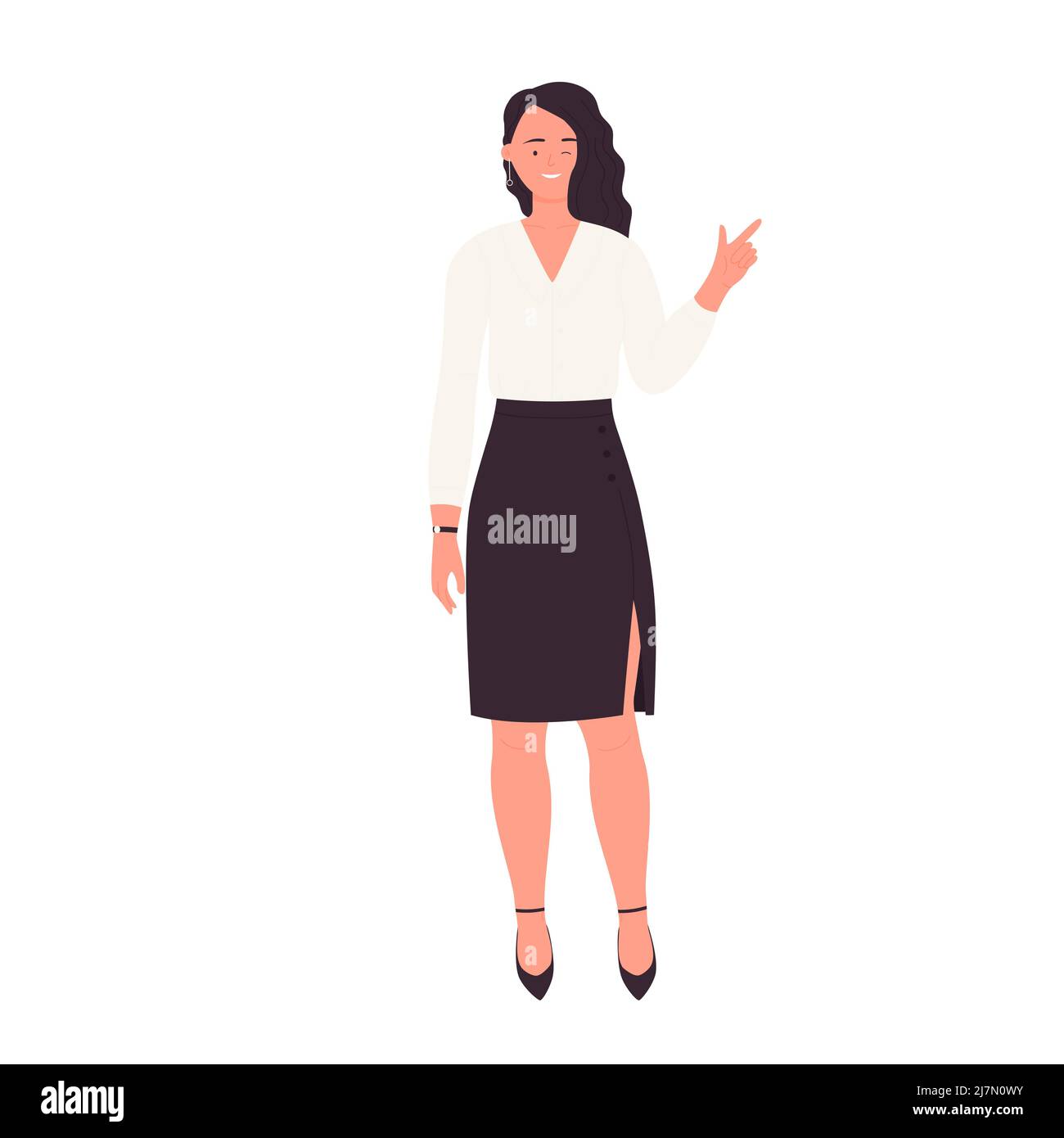 Standing businesswoman pointing finger. Female manager standing pose ...