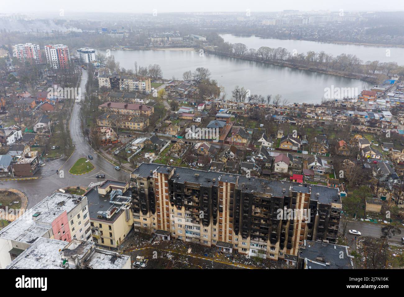 The aerial view of the destroyed and burnt buildings. The buildings ...