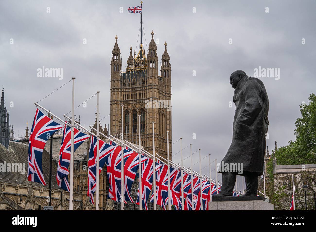 10 May 2022. Union Jack flags installed in Parliament Square to mark ...
