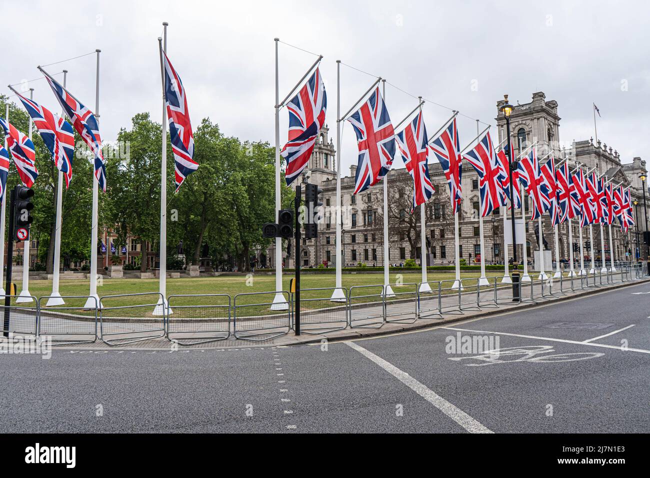 10 May 2022. Union Jack flags installed in Parliament Square to mark ...