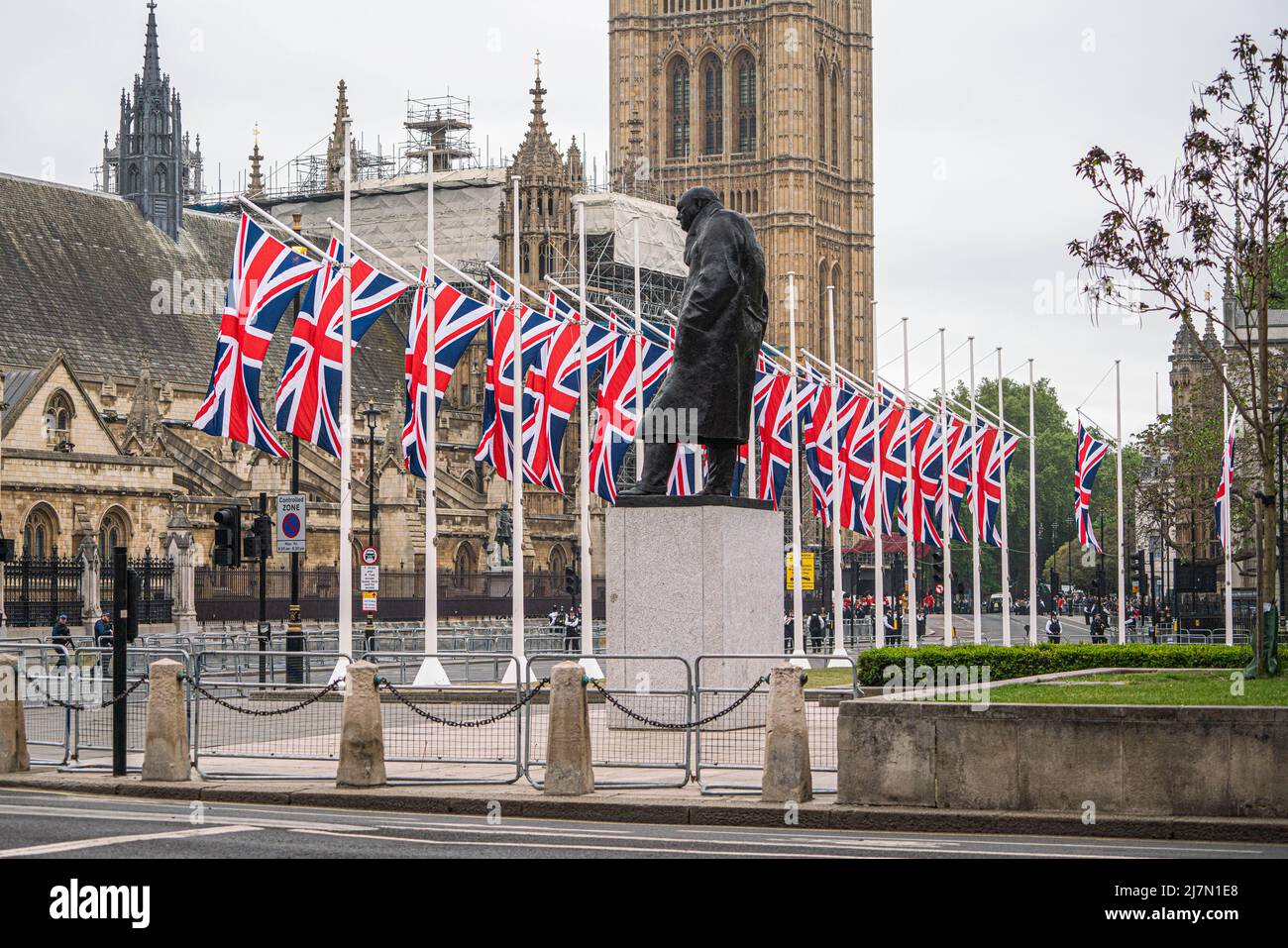 10 May 2022. Union Jack flags installed in Parliament Square to mark ...