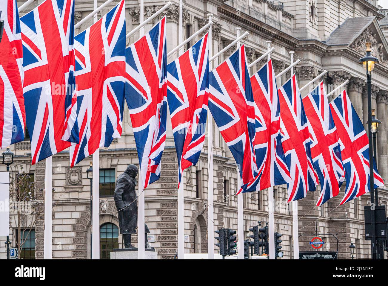10 May 2022. Union Jack flags installed in Parliament Square to mark ...