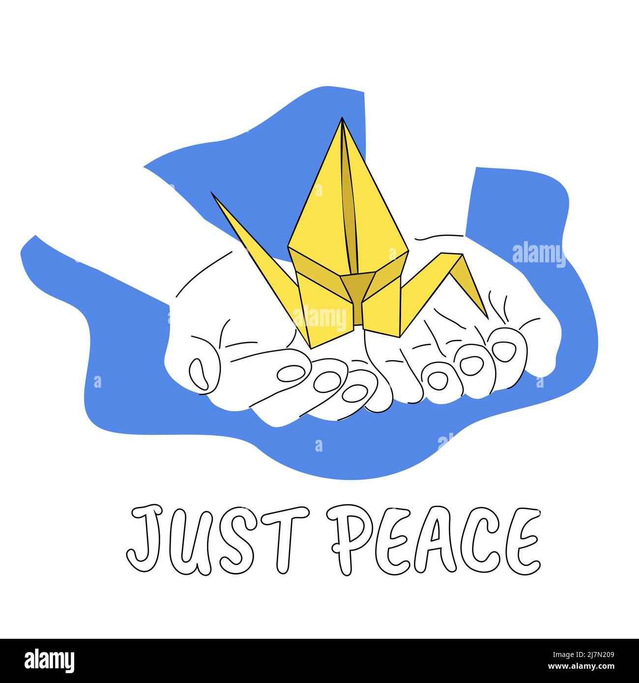 Open children hands with origami crane in blue yellow colors, peace no ...