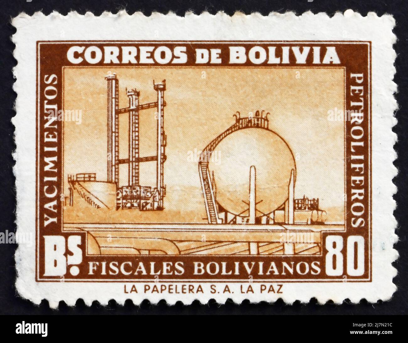BOLIVIA - CIRCA 1955: a stamp printed in the Bolivia shows Oil Refinery ...