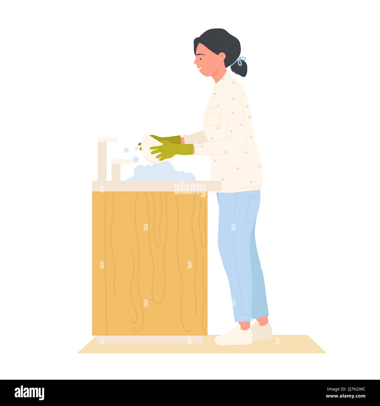 Woman Washing Kitchen Dishes House Chores Housekeeping Tools And