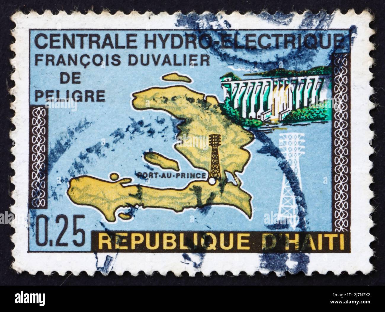 HAITI - CIRCA 1970: a stamp printed in Haiti shows Map of Haiti, Dam ...