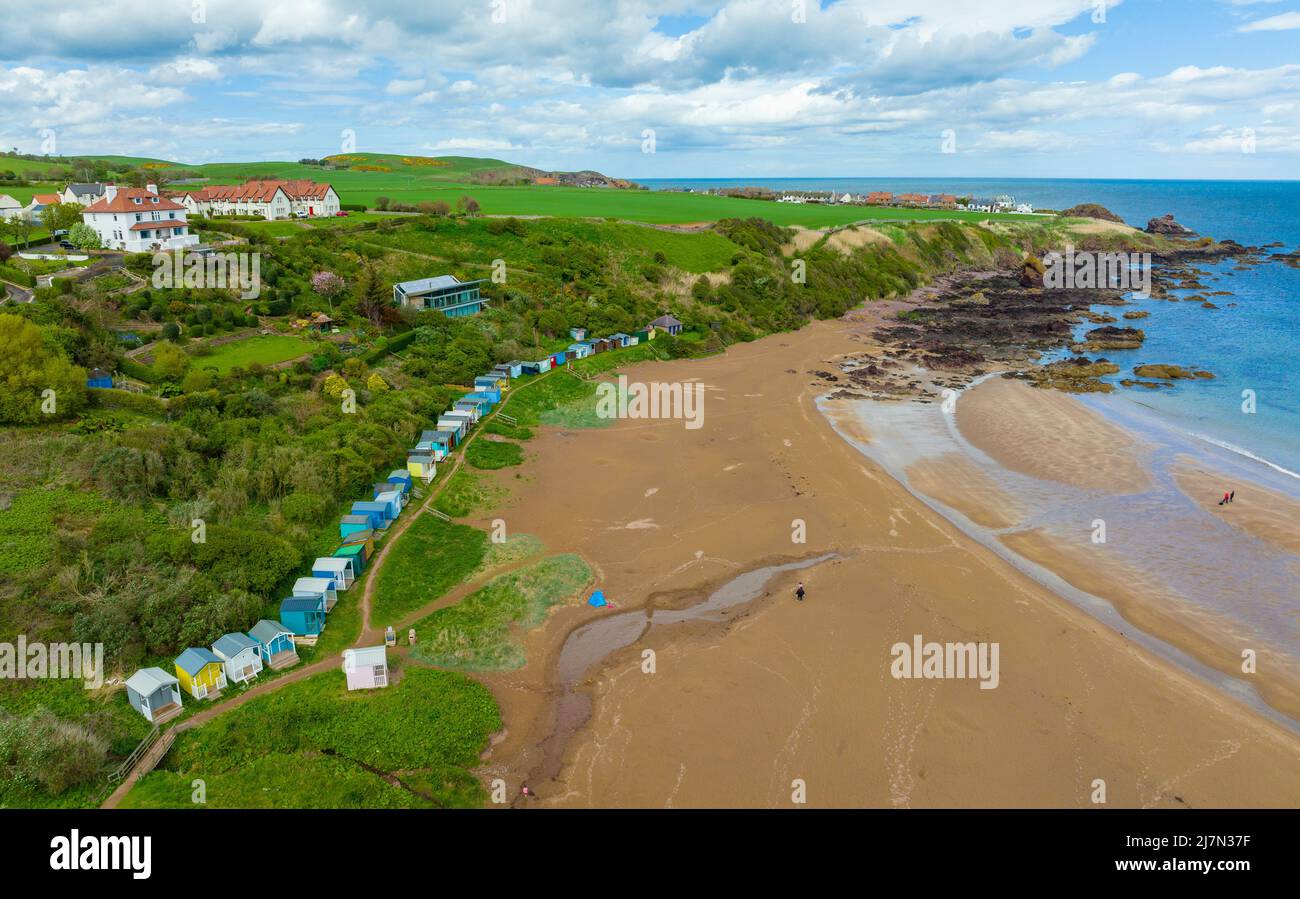 Aerial view of beach huts at Coldingham Sands beach at Coldingham Bay ...