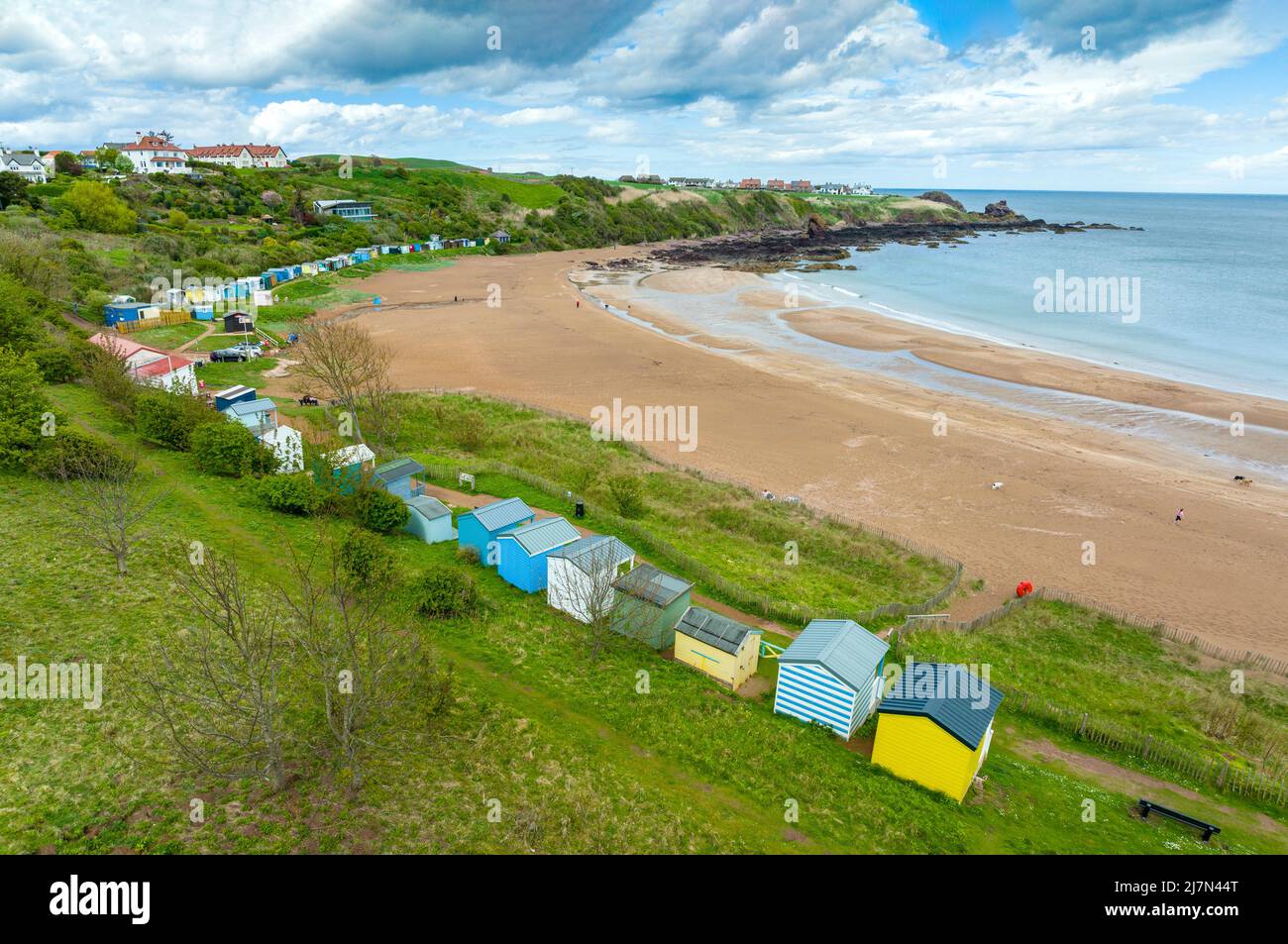 Aerial view of beach huts at Coldingham Sands beach at Coldingham Bay ...