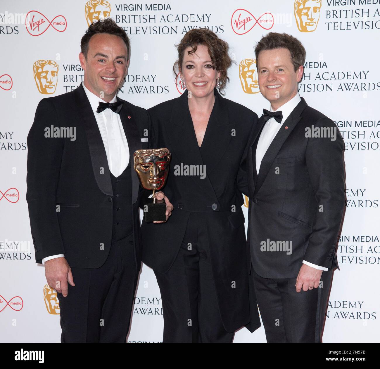 Olivia Colman (C) poses in the winner's room with Anthony McPartlin and ...