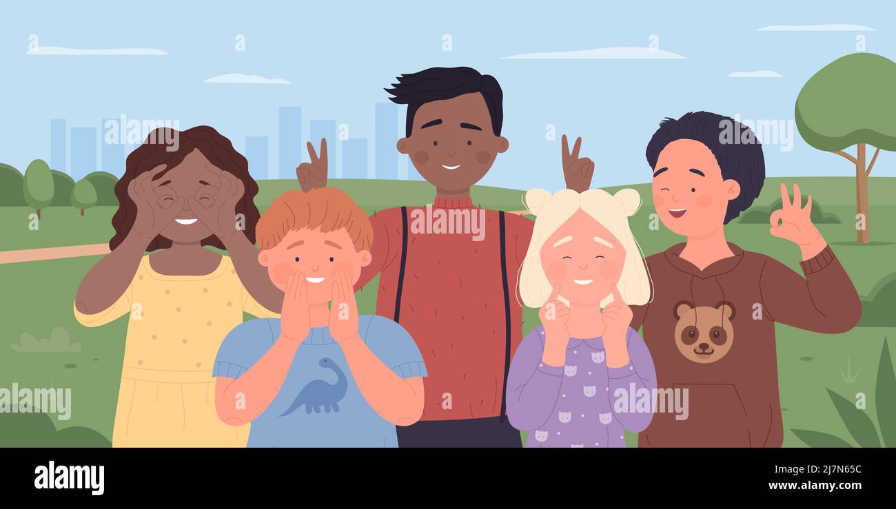 Cute kids friends with jokes and funny gestures standing together in ...