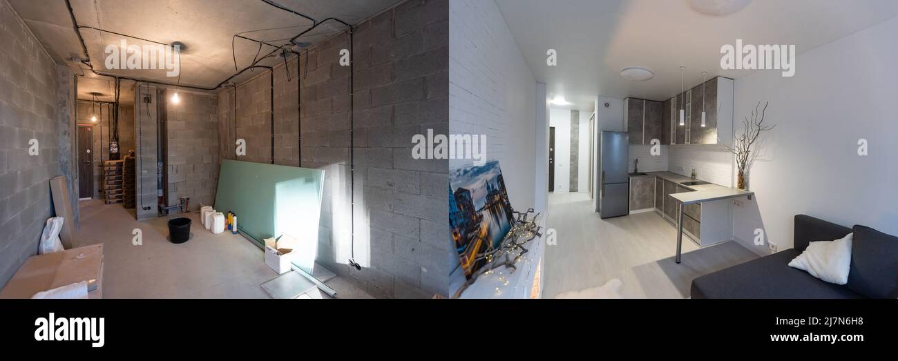 Empty rooms with large window, heating radiators before and after ...