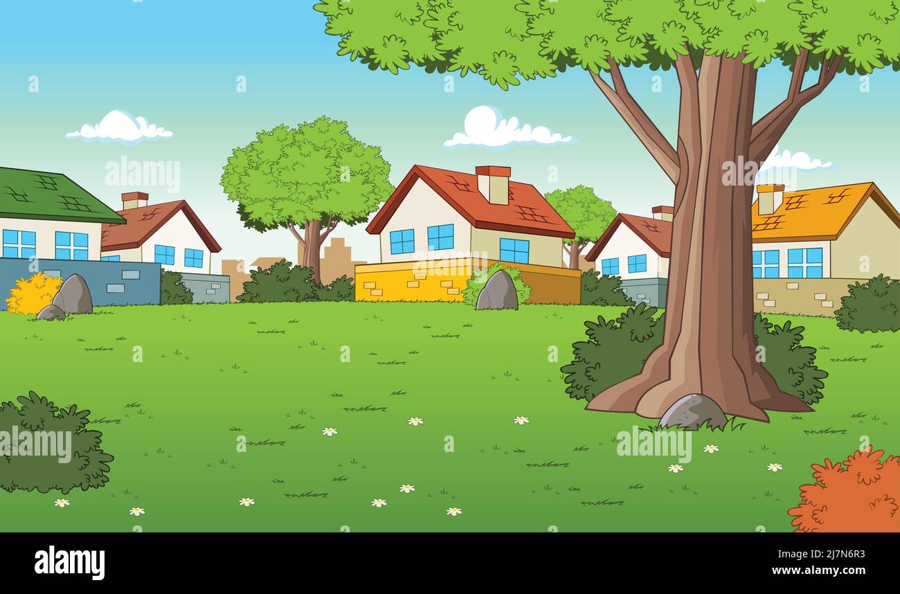 Colorful houses in suburb neighborhood. Green park landscape with grass ...