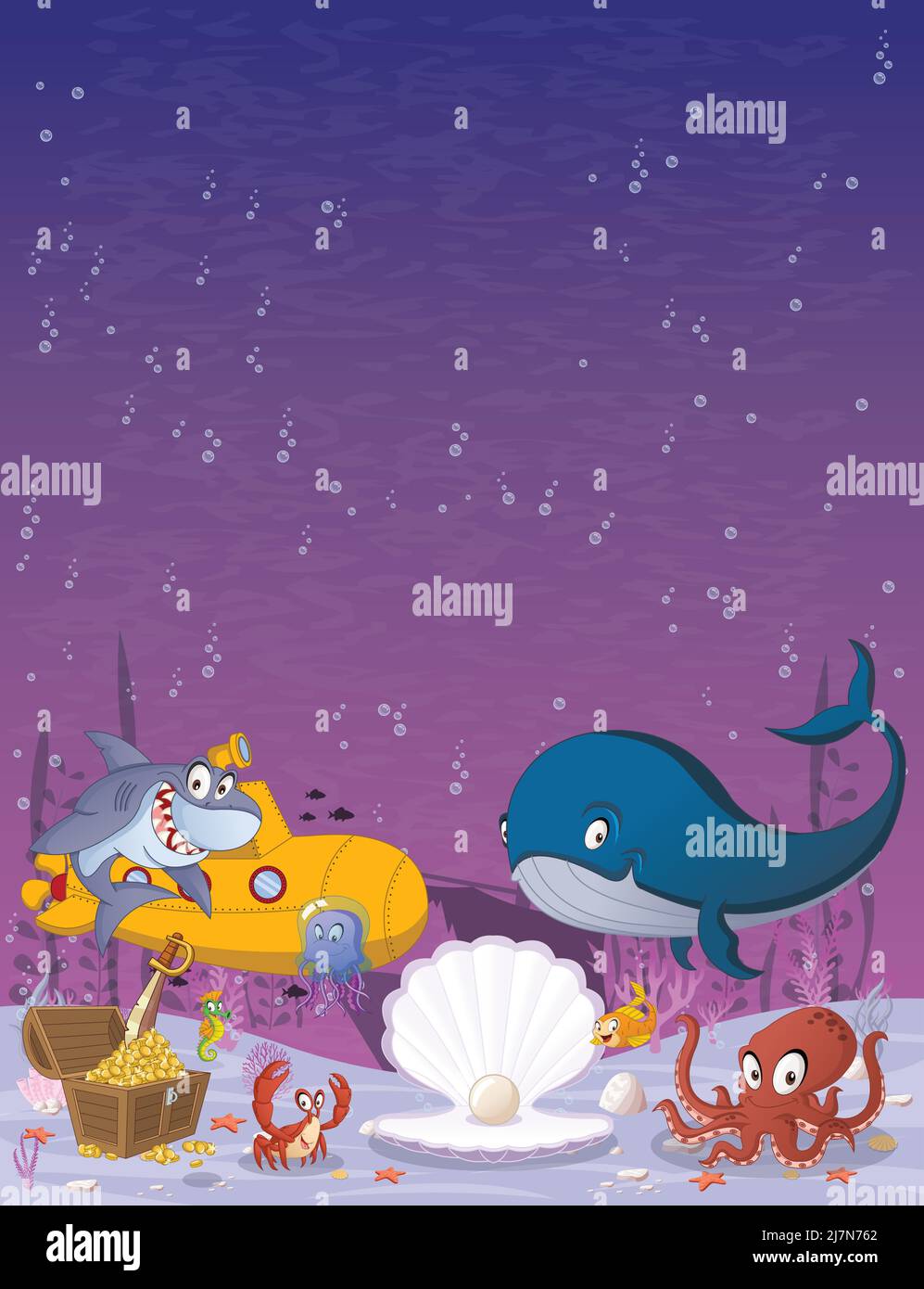 Cartoon underwater world with corals, fish and ocean creatures. Cartoon ...