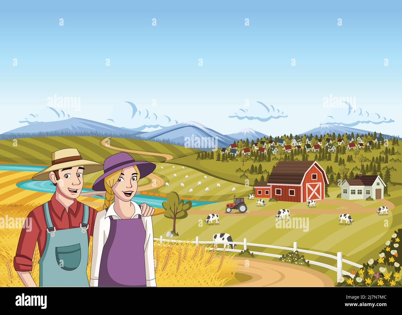 Cartoon farmers. Couple in front of colorful farm with barn, crops and ...