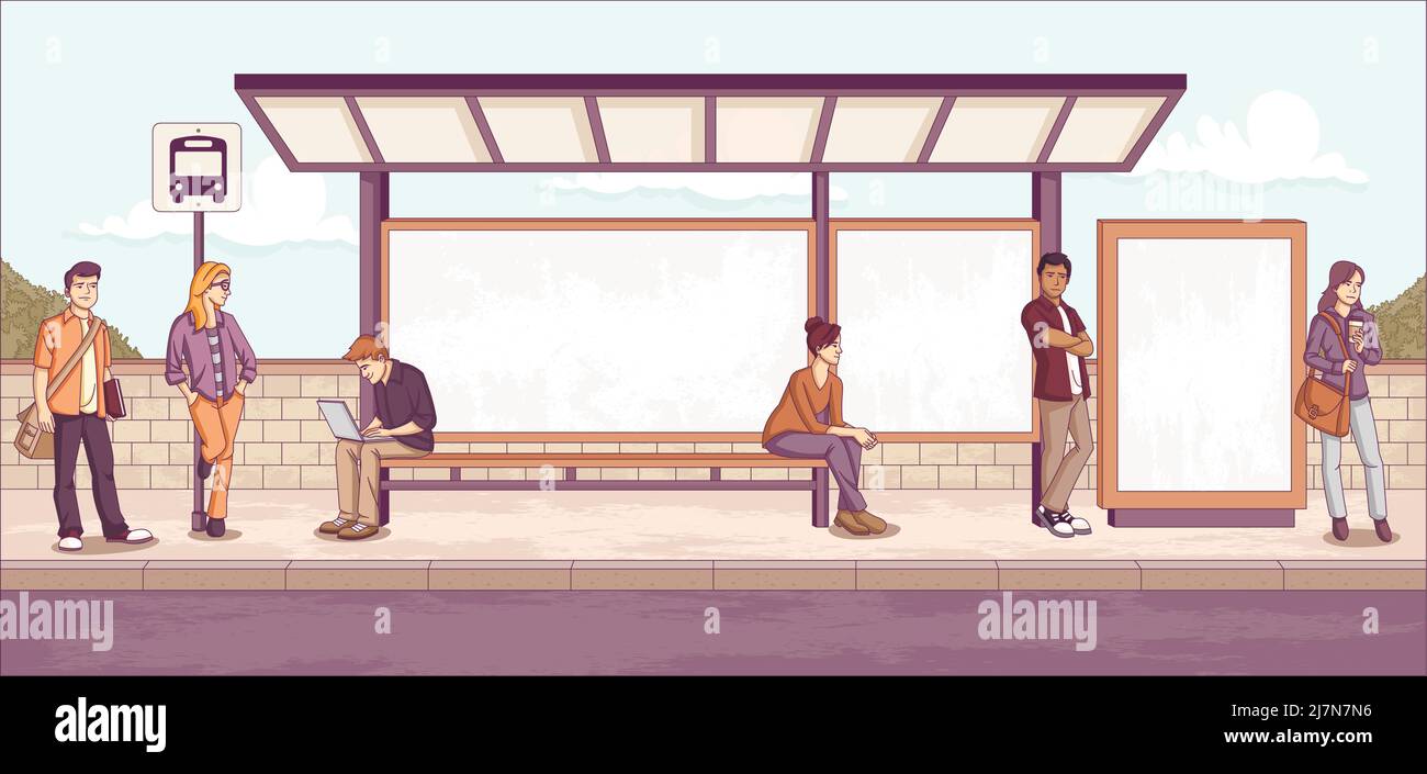 Passengers at bus stop. Cartoon people waiting for bus Stock Vector ...