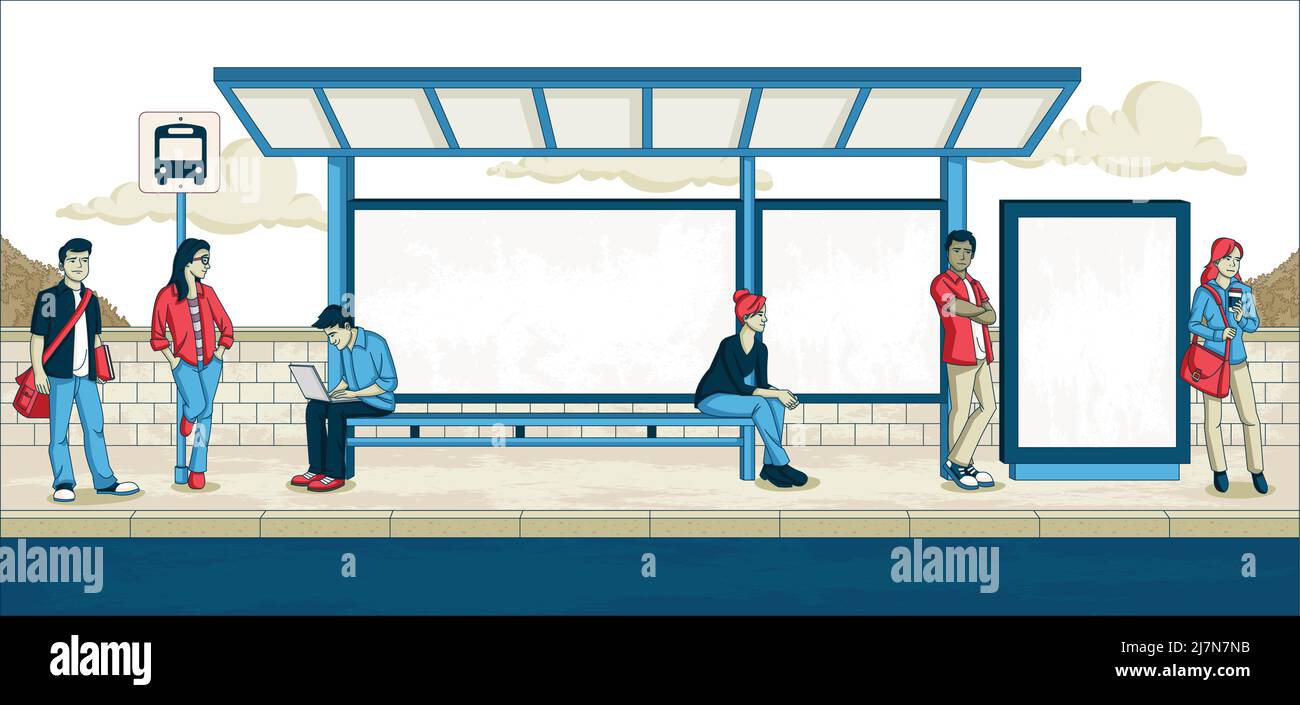 Passengers at bus stop. Cartoon people waiting for bus Stock Vector ...