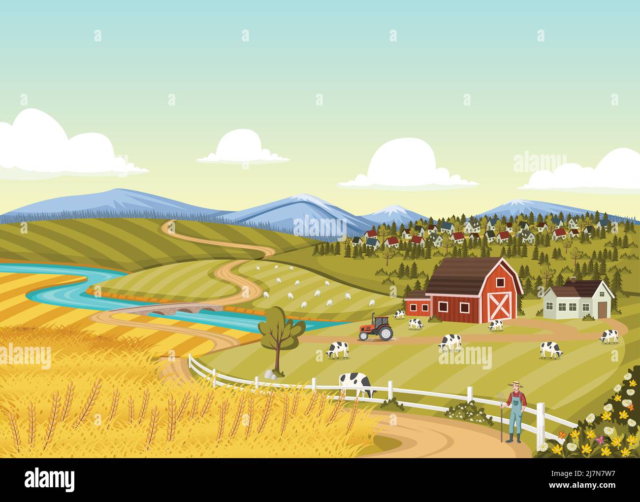 Cartoon farmer in front of colorful farm with barn, crops and cows ...