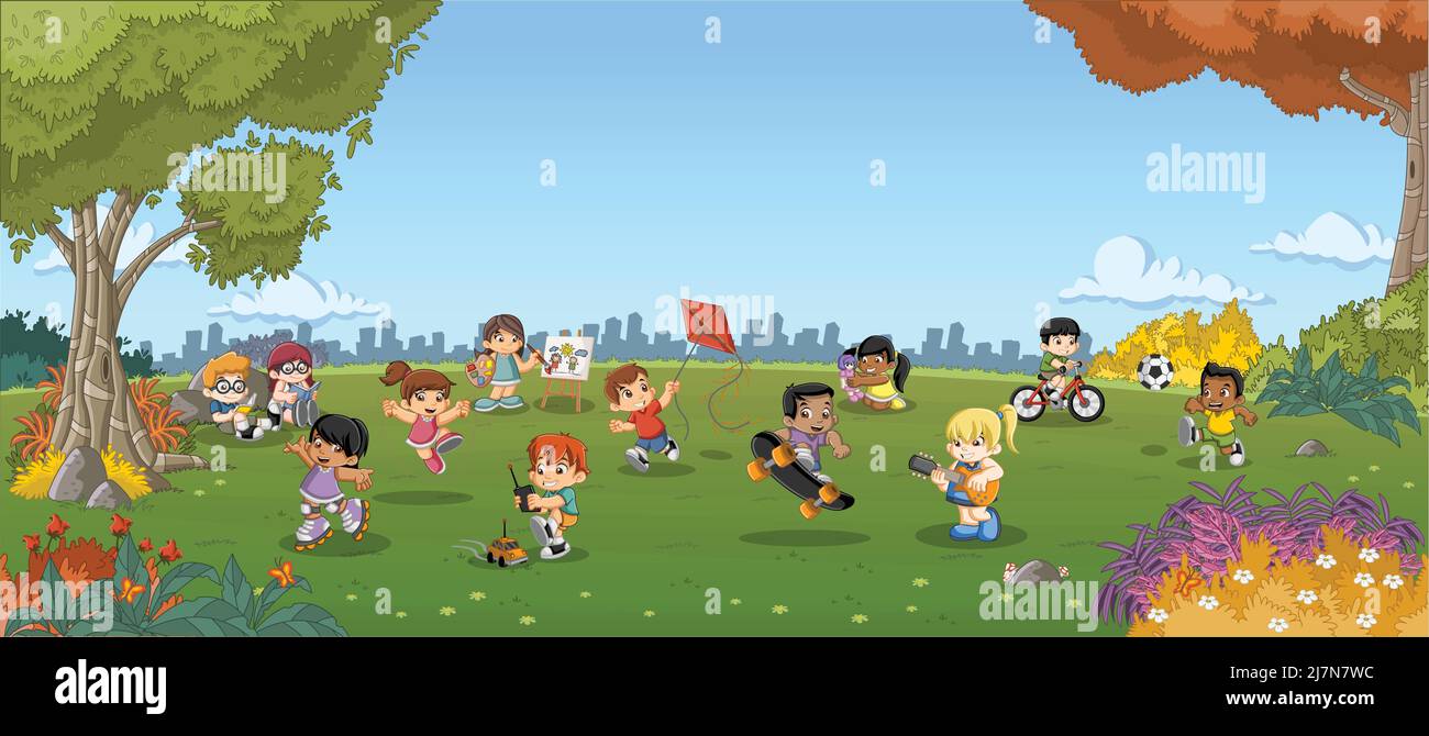 Green grass landscape with cute cartoon kids playing. Sports and ...