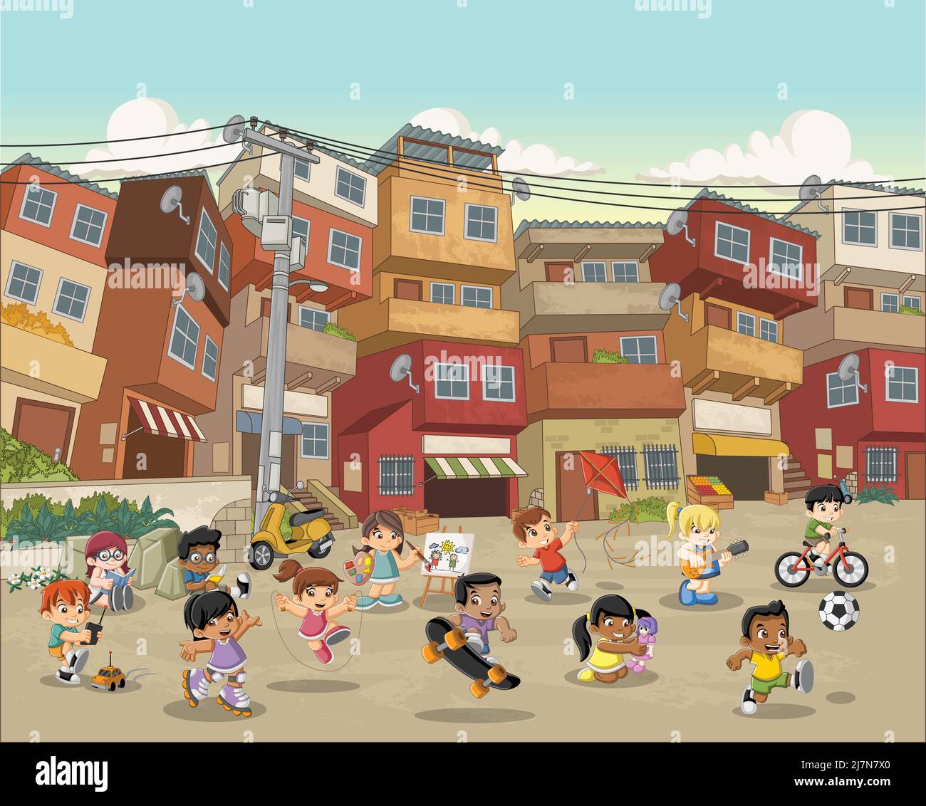 Street of poor neighborhood with cartoon children playing. Sports and ...