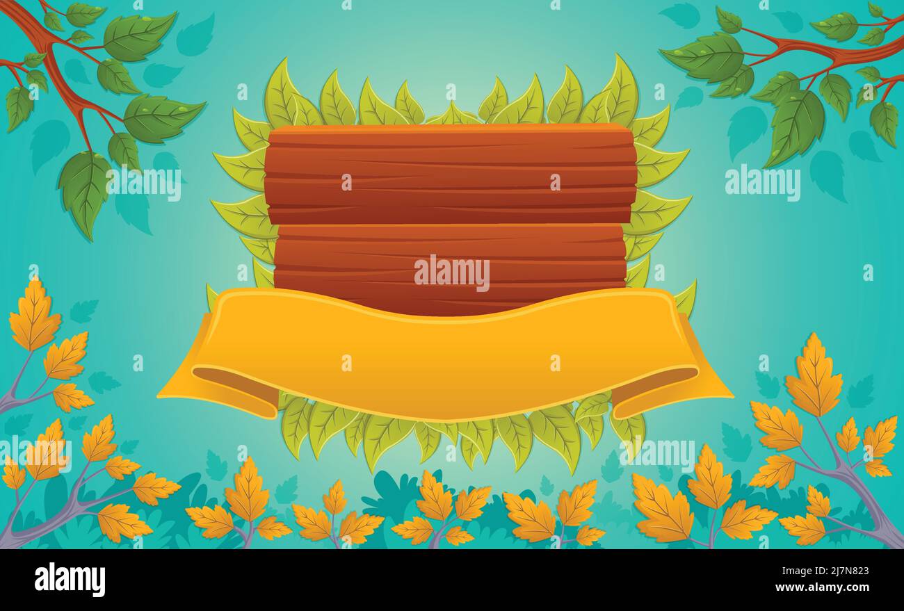 Wooden signs on forest backgrounds. Design text ribbons Stock Vector ...