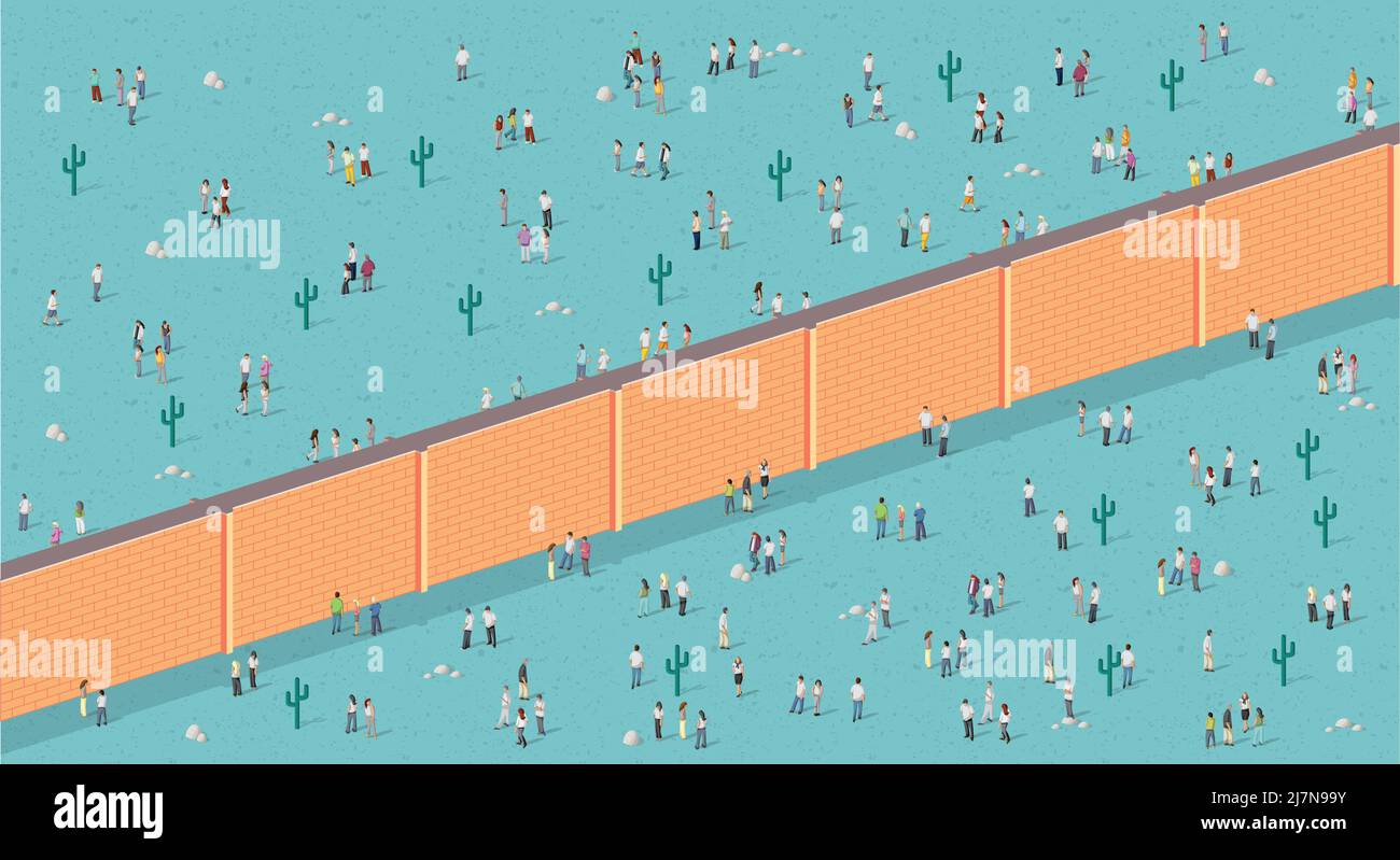 Two groups of people separated by wall. Brick wall dividing people ...
