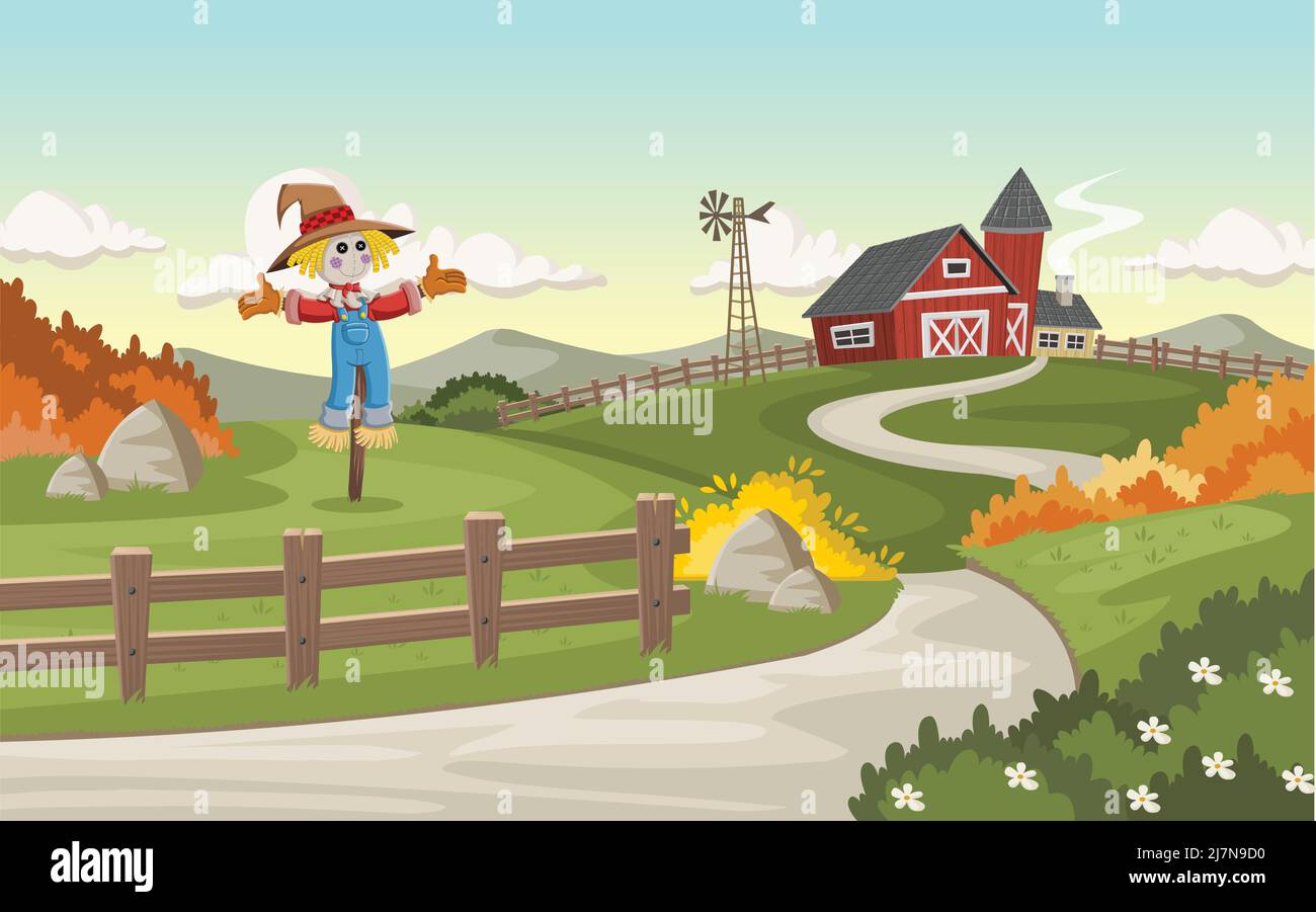 Cartoon farm with big barn and scarecrow Stock Vector Image & Art - Alamy
