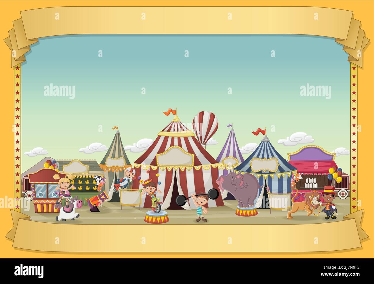 Poster with cartoon characters and animals in front of retro circus ...
