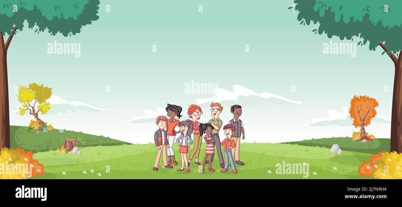 Cartoon family in a green park with grass and trees. Nature landscape ...