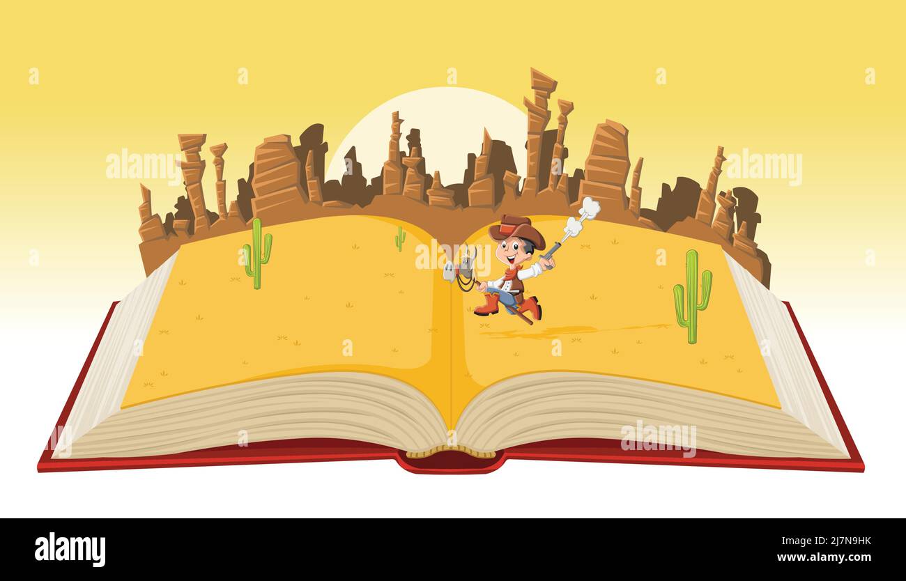 Open book with cartoon cowboy kid galloping on Wild west Stock Vector ...
