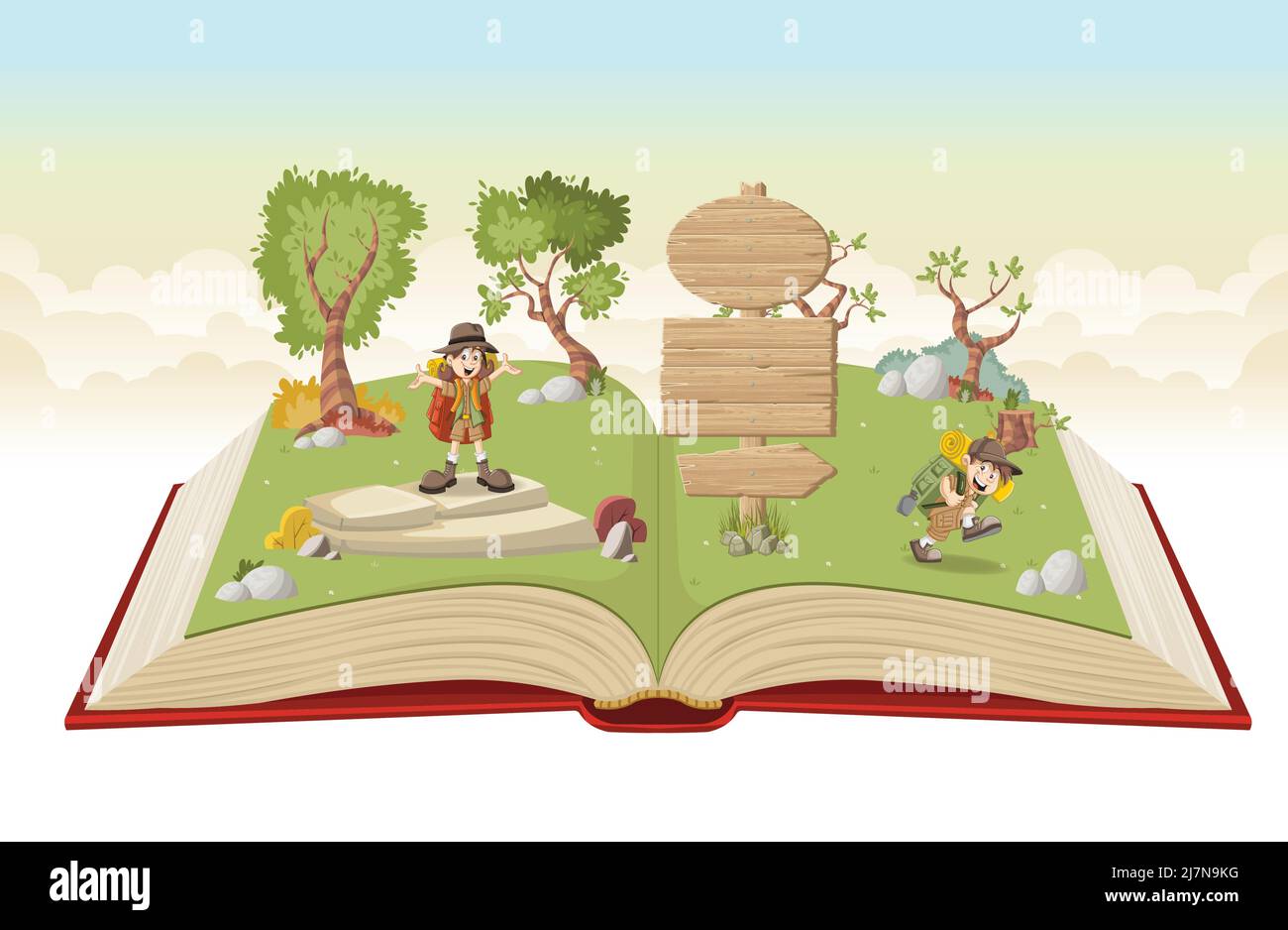 Open book with cartoon kids in explorer outfit on a green park Stock ...