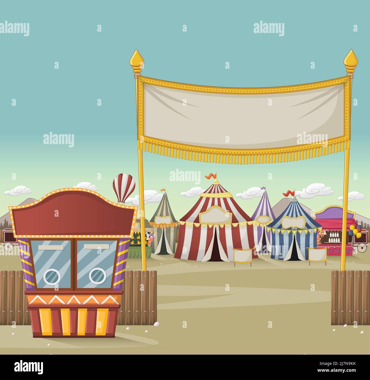 Ticket booth on the entrance of a retro cartoon circus with tents. Vintage carnival background ...