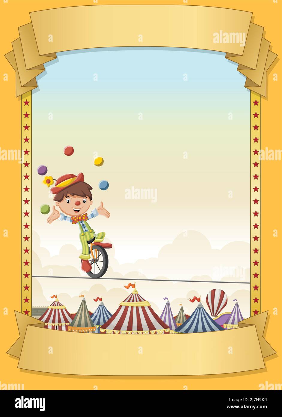 Poster with cartoon clown juggling on tightrope over retro circus ...