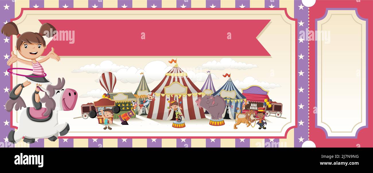 Ticket with cartoon characters in front of retro circus. Vintage ...