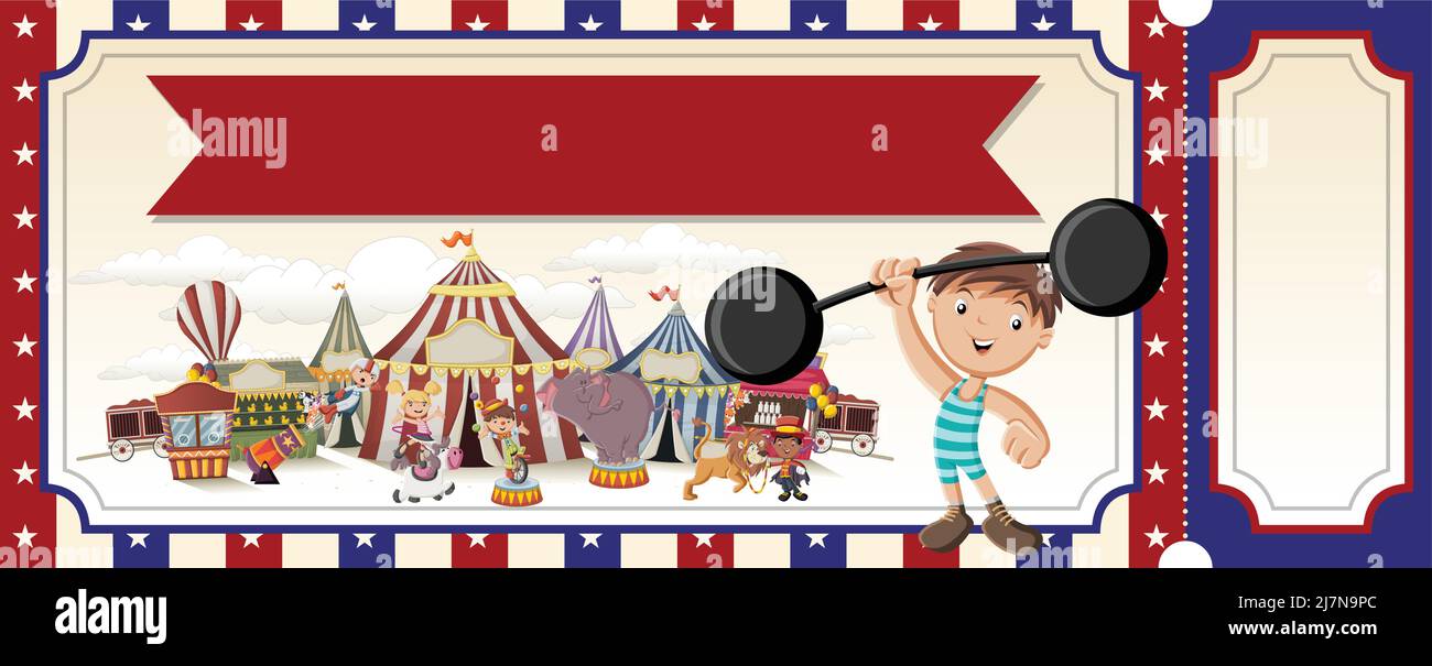 Ticket with cartoon characters in front of retro circus. Vintage ...