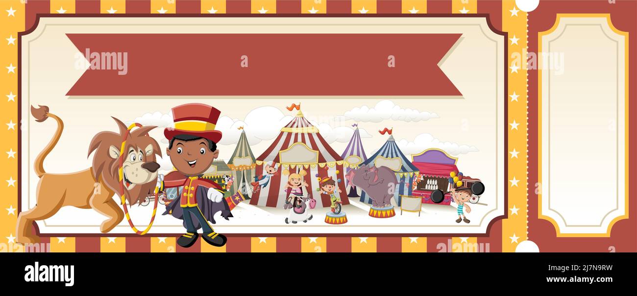 Ticket with cartoon characters in front of retro circus. Vintage ...