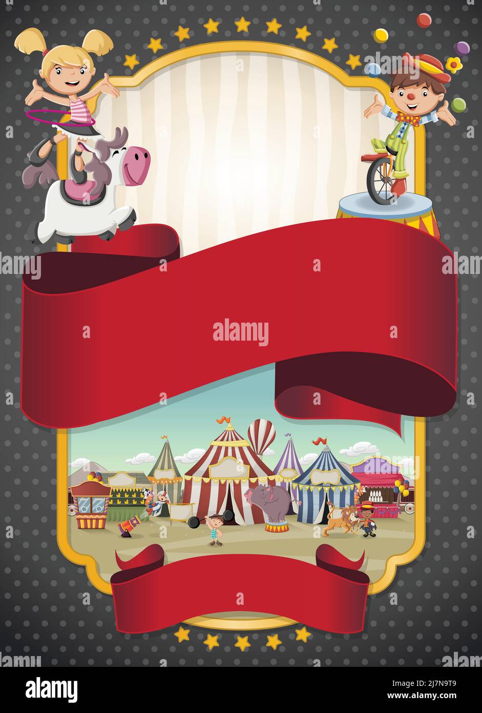 Poster with cartoon characters and animals in front of retro circus ...