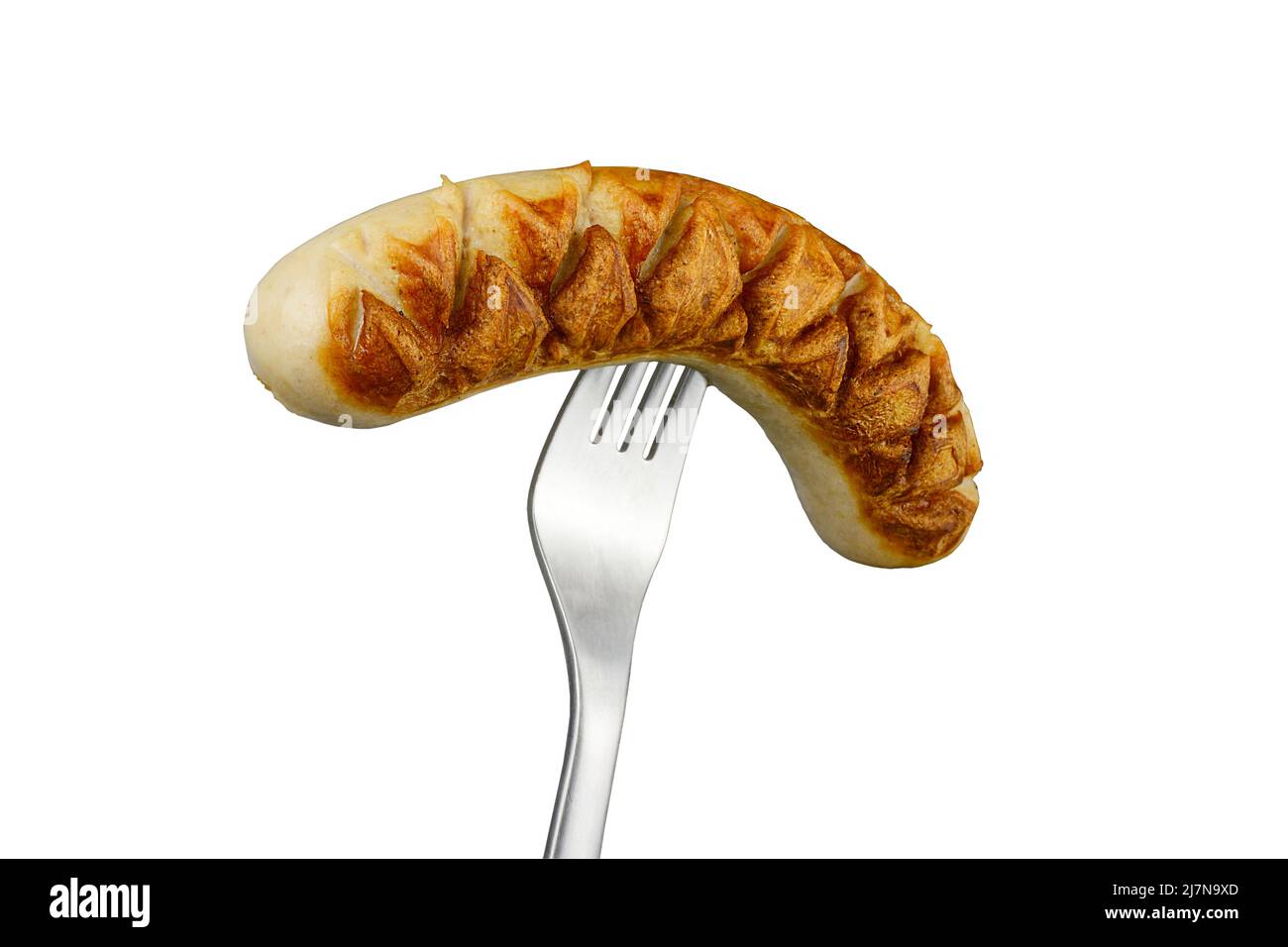 Bratwurst on fork isolated Stock Photo - Alamy