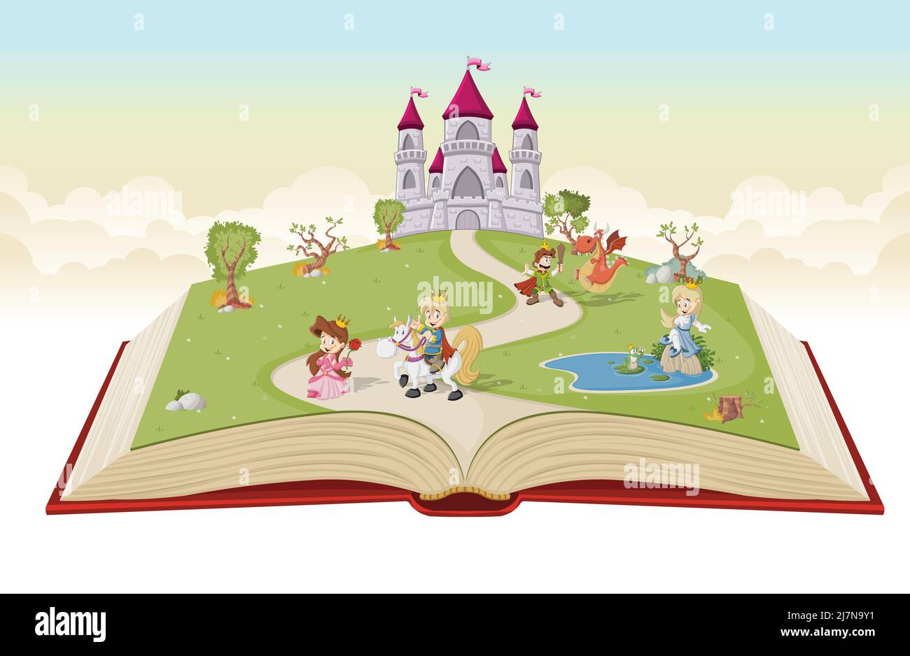 Open book with cartoon princesses and princes in front of a castle ...