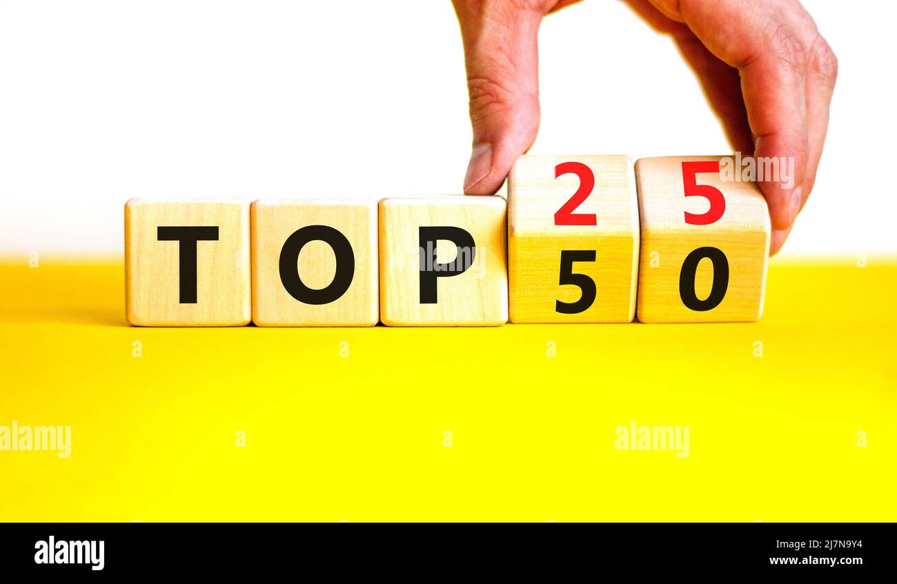 From Top 50 to 25 symbol. Businessman turns wooden cubes and changes ...