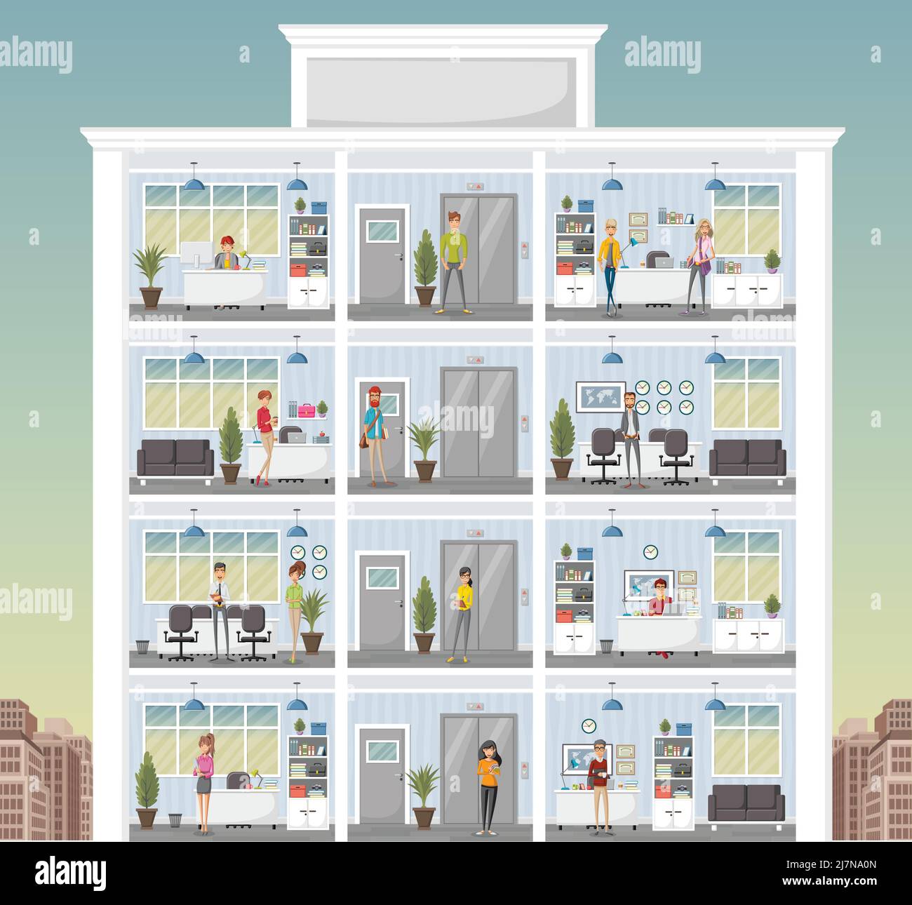 Building with cartoon business people working in office workspace ...
