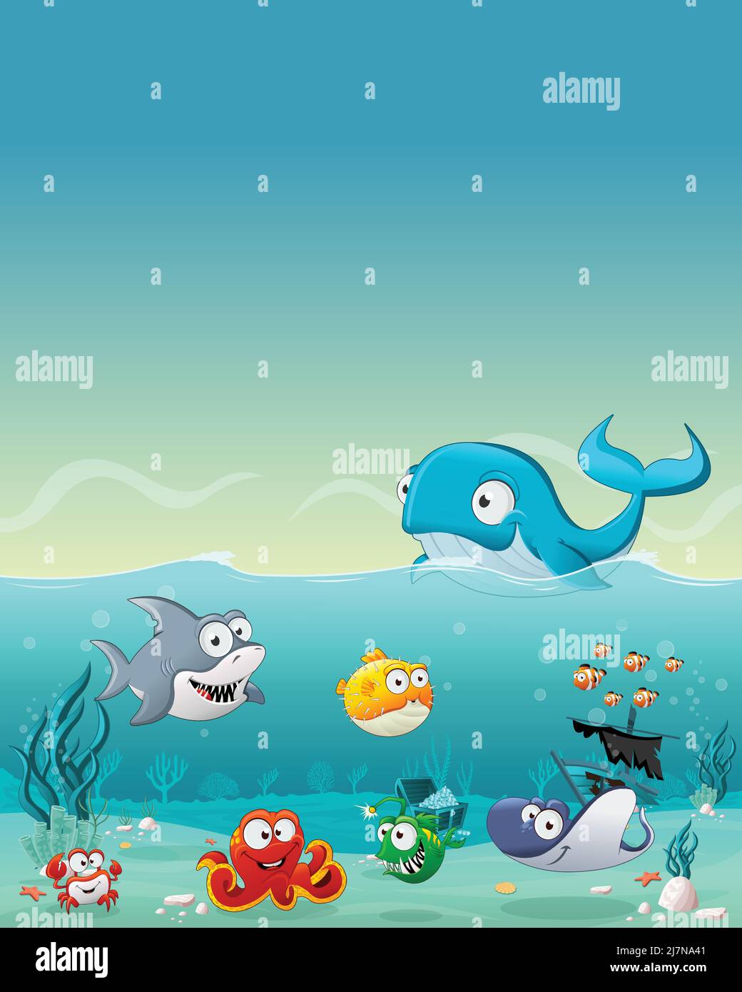 Cartoon fish under the sea. Underwater world with corals Stock Vector ...