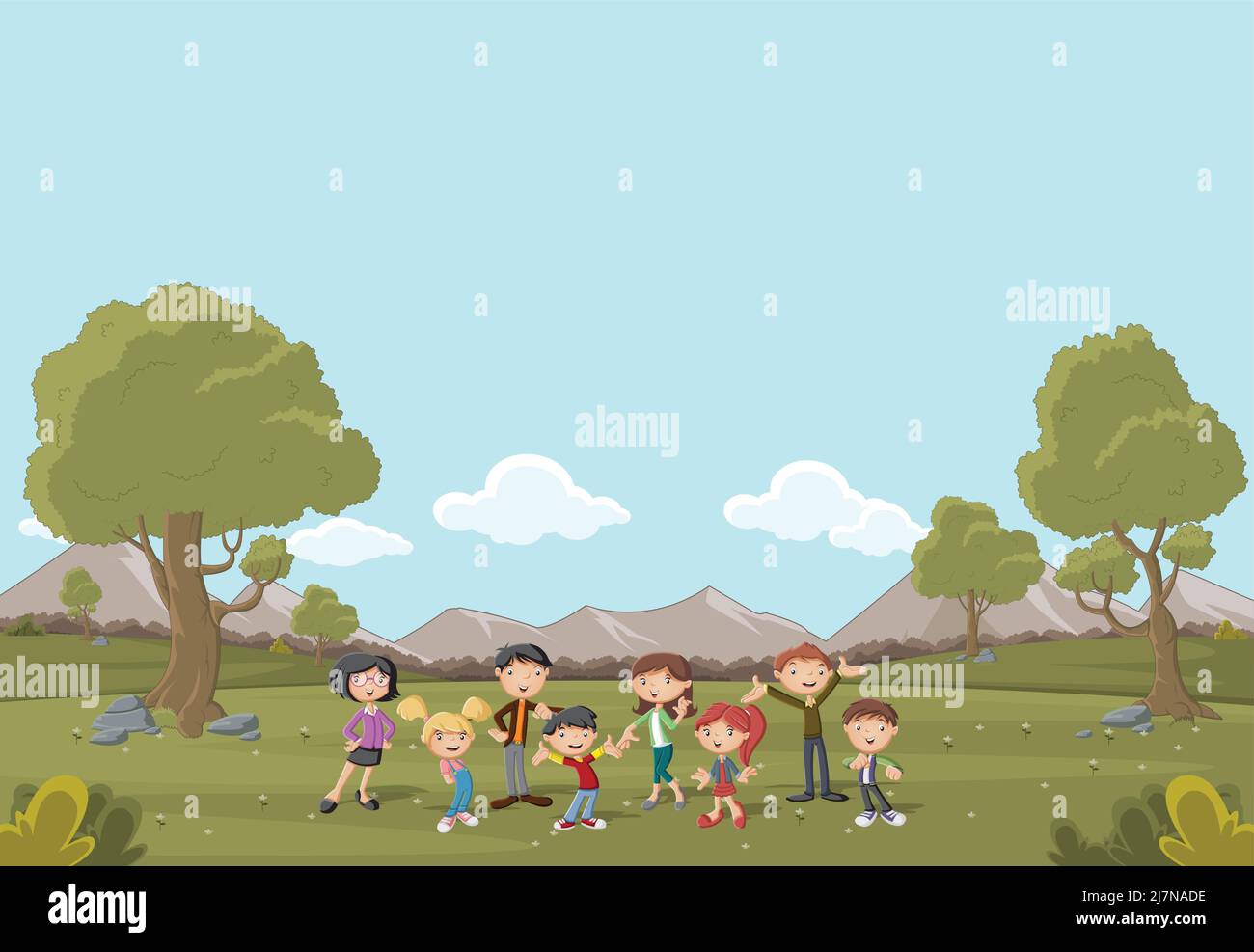 Cartoon family in a green park with grass and trees. Nature landscape ...