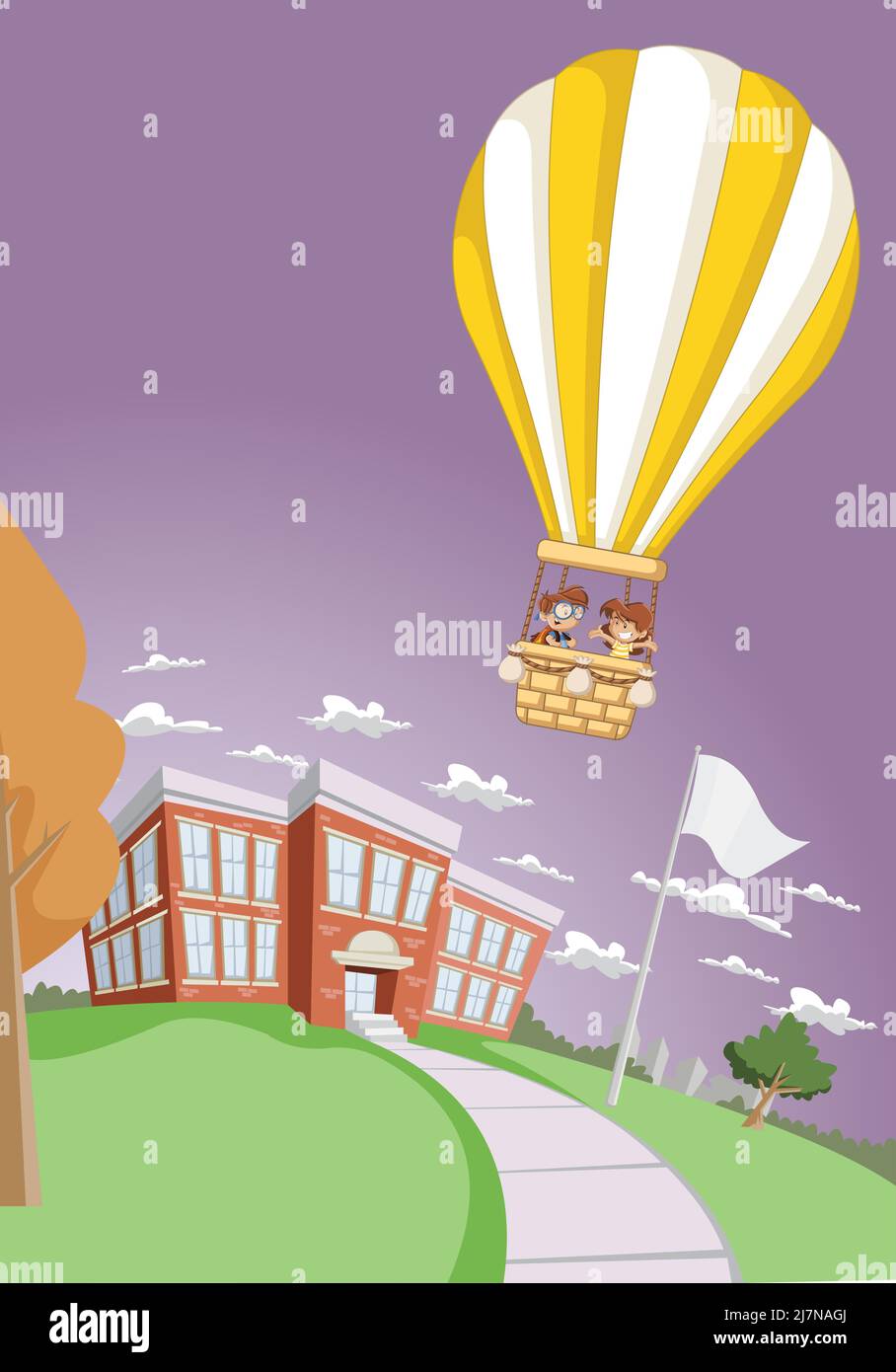 Cartoon kids inside a hot air balloon flying over a school building ...