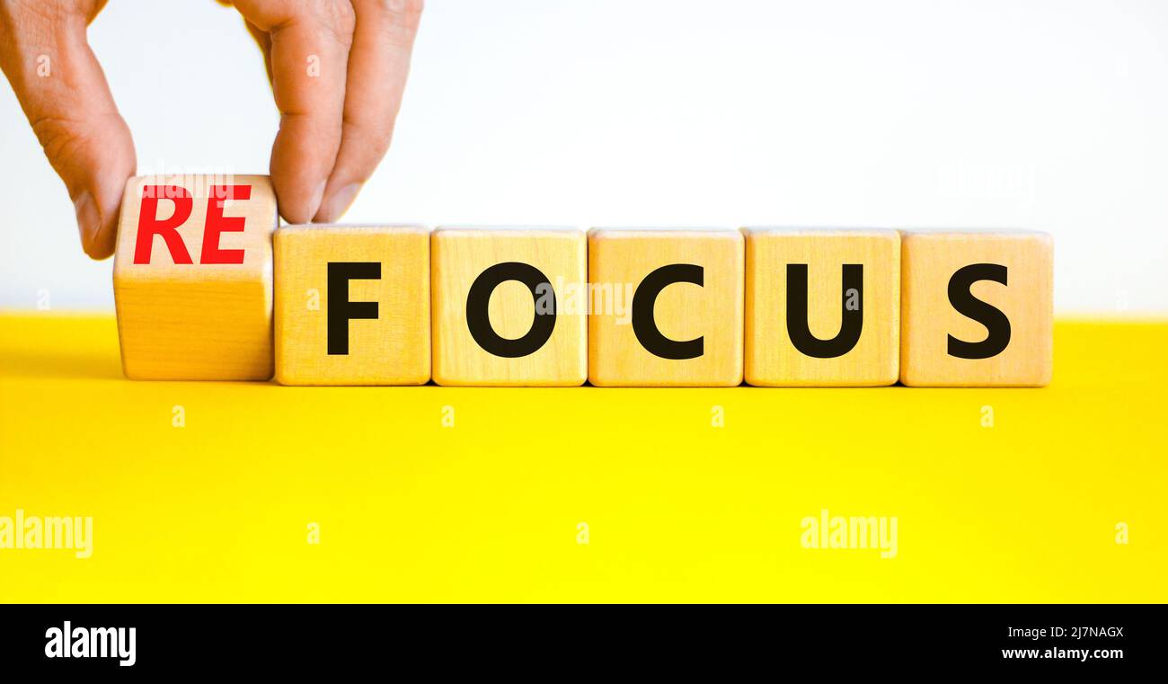 Focus or refocus symbol. Businessman turns wooden cubes and changes the ...