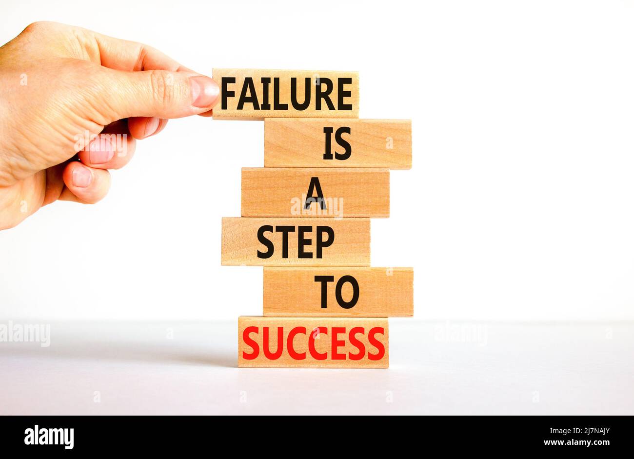 Failure or success symbol. Wooden blocks with words A failure is a step ...