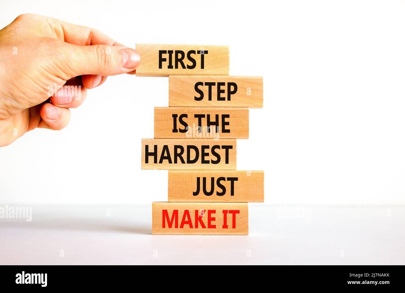 Make first step symbol. Wooden blocks with words First step is the ...