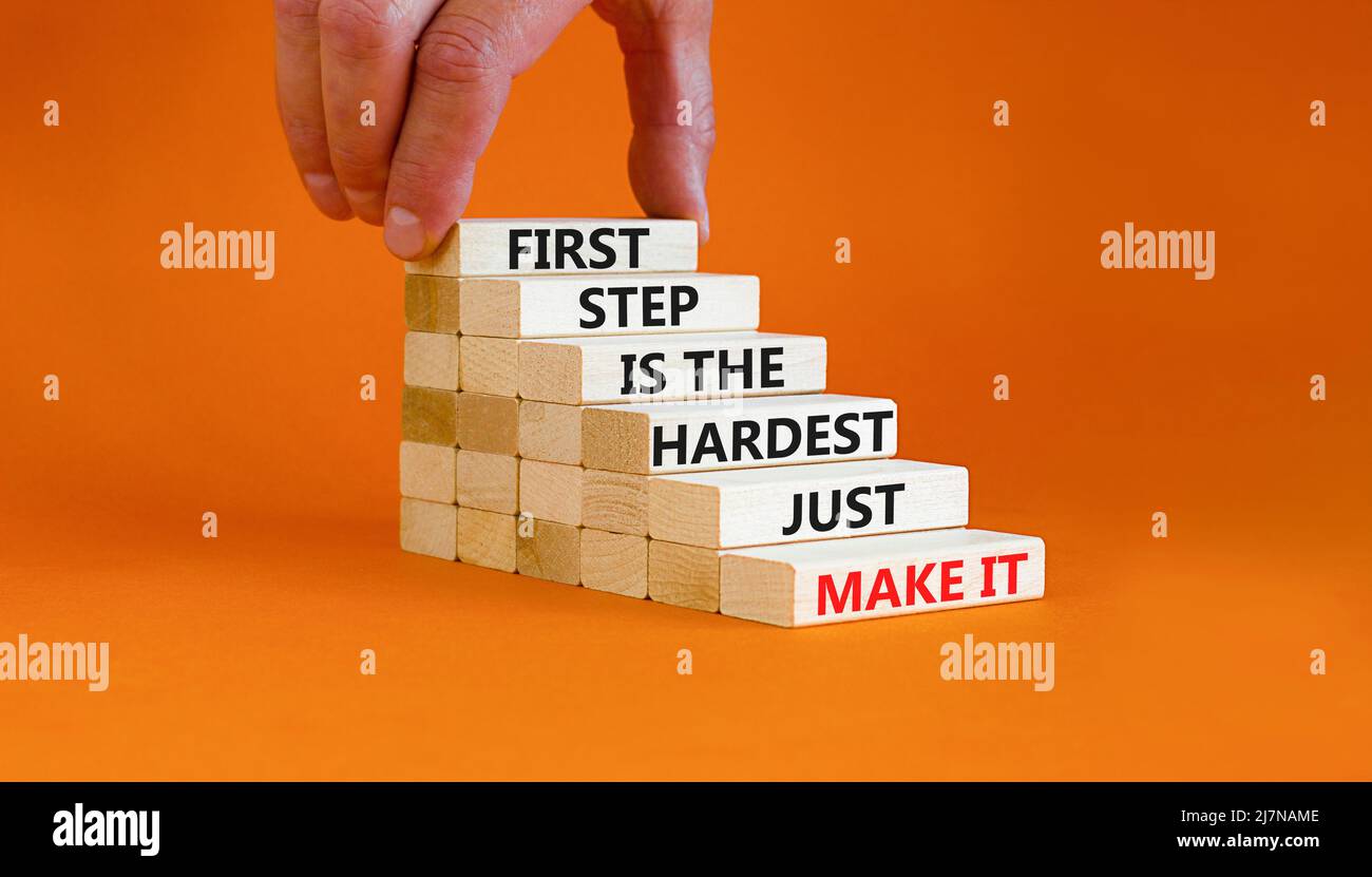 Make first step symbol. Wooden blocks with words First step is the ...