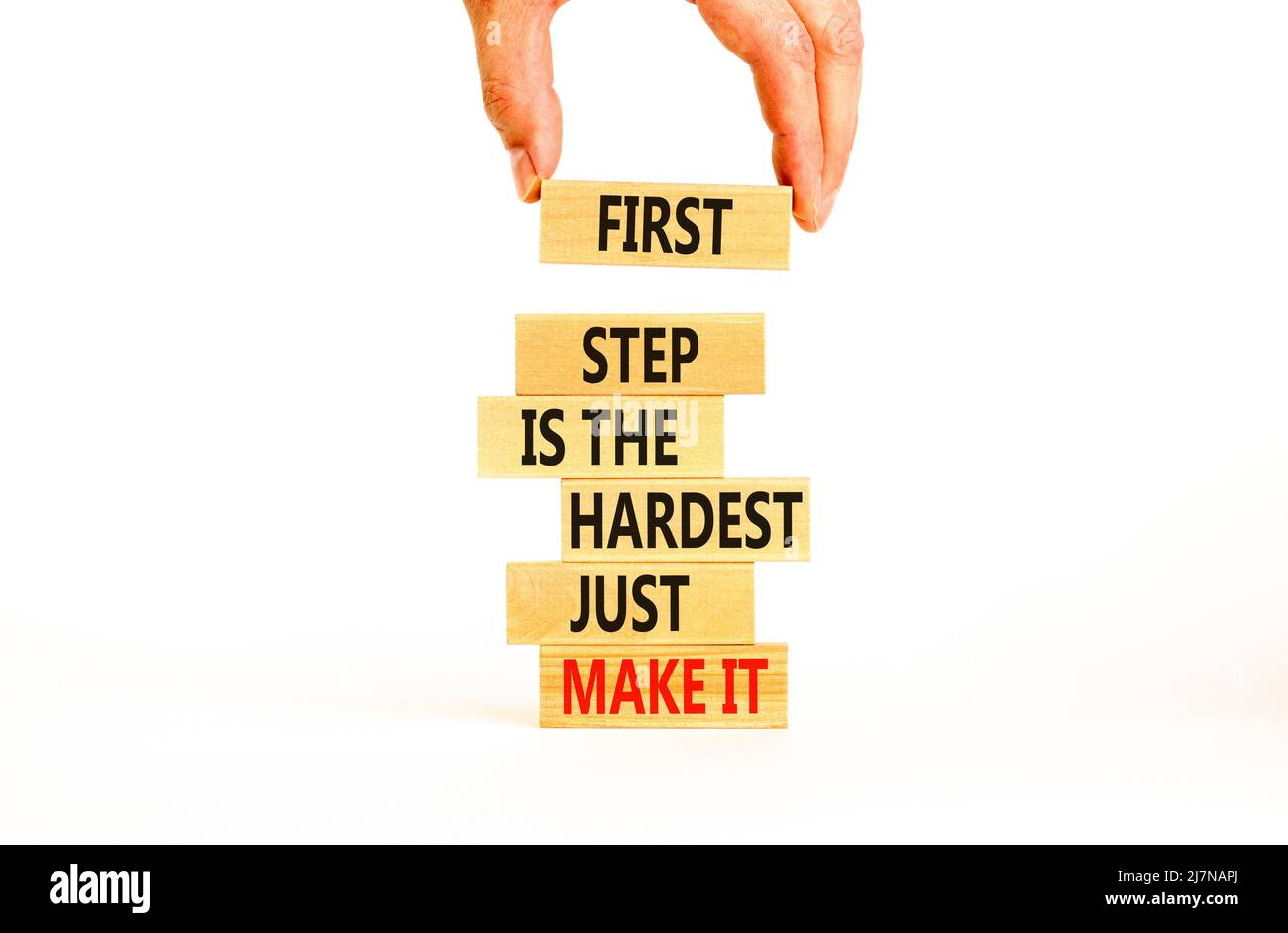 Make first step symbol. Wooden blocks with words First step is the ...