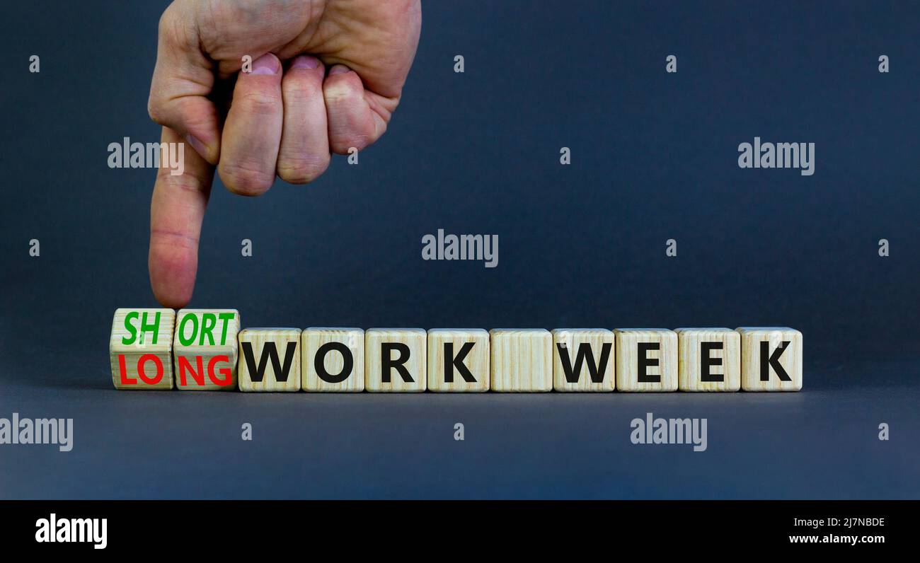 Short or long work week symbol. Businessman turns cubes and changes ...