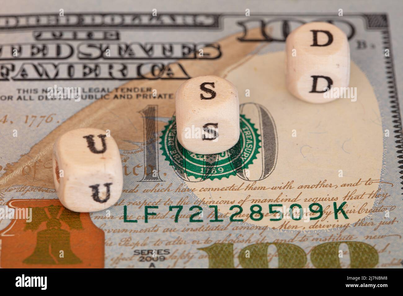 USD word written on wooden blocks on 100 dollar banknote background for ...
